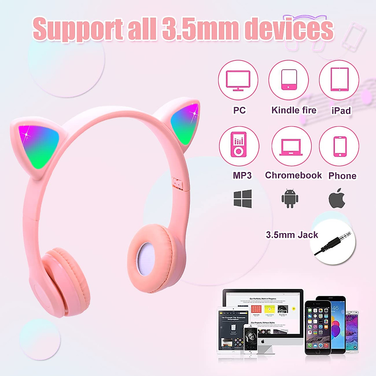 Wireless Cat Ear Headphone, Kids Headphones with Mic&LED Light Up Cat, 85dB Safe Volume Limited, Foldable Kitty Headpones for Online Learning, School, Travel, Tablet, Smartphone - Support 3.5mm Audio