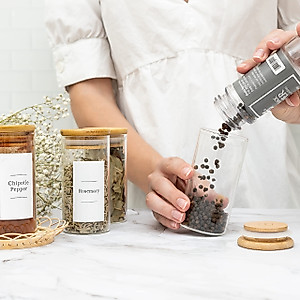12 Piece- 5oz Eco-friendly Bamboo Lid Glass Spice Jar Set with 84-Minimalist Pre-Printed Waterproof Spice Labels, 16-Blank Labels– For Spices, Seasoning, Herb Storage and Kitchen Organization