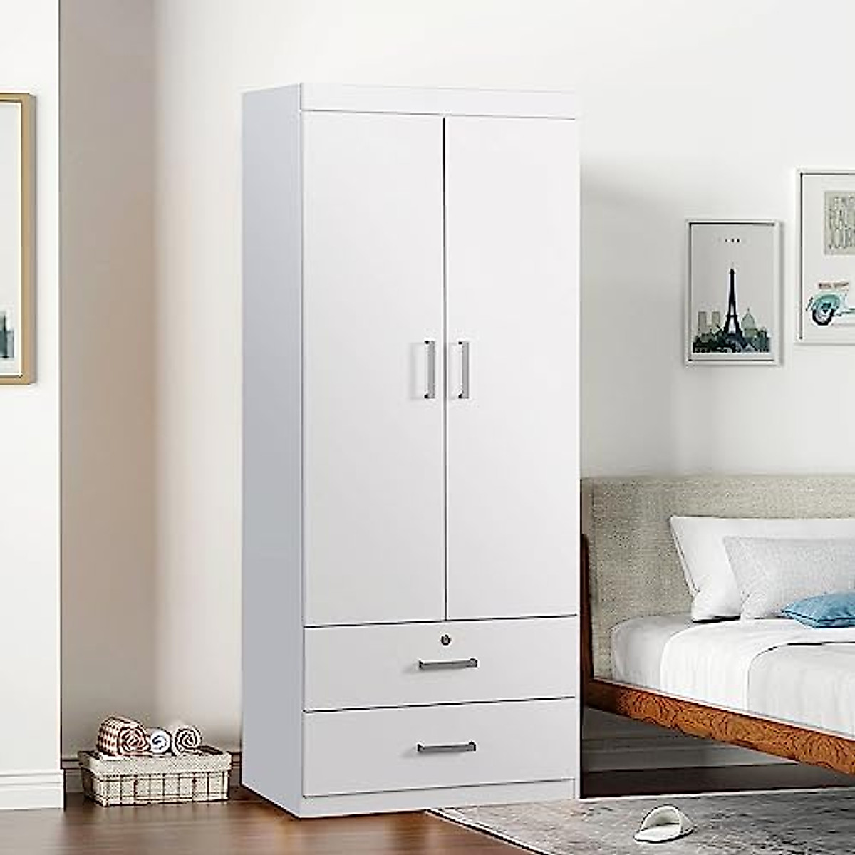 FurnitureR 2 Door Wardrobe, Wooden Armoire with Drawers and Hanging Rod for Bedroom 68.2-Inch Wardrobe Storage Cabinet, White