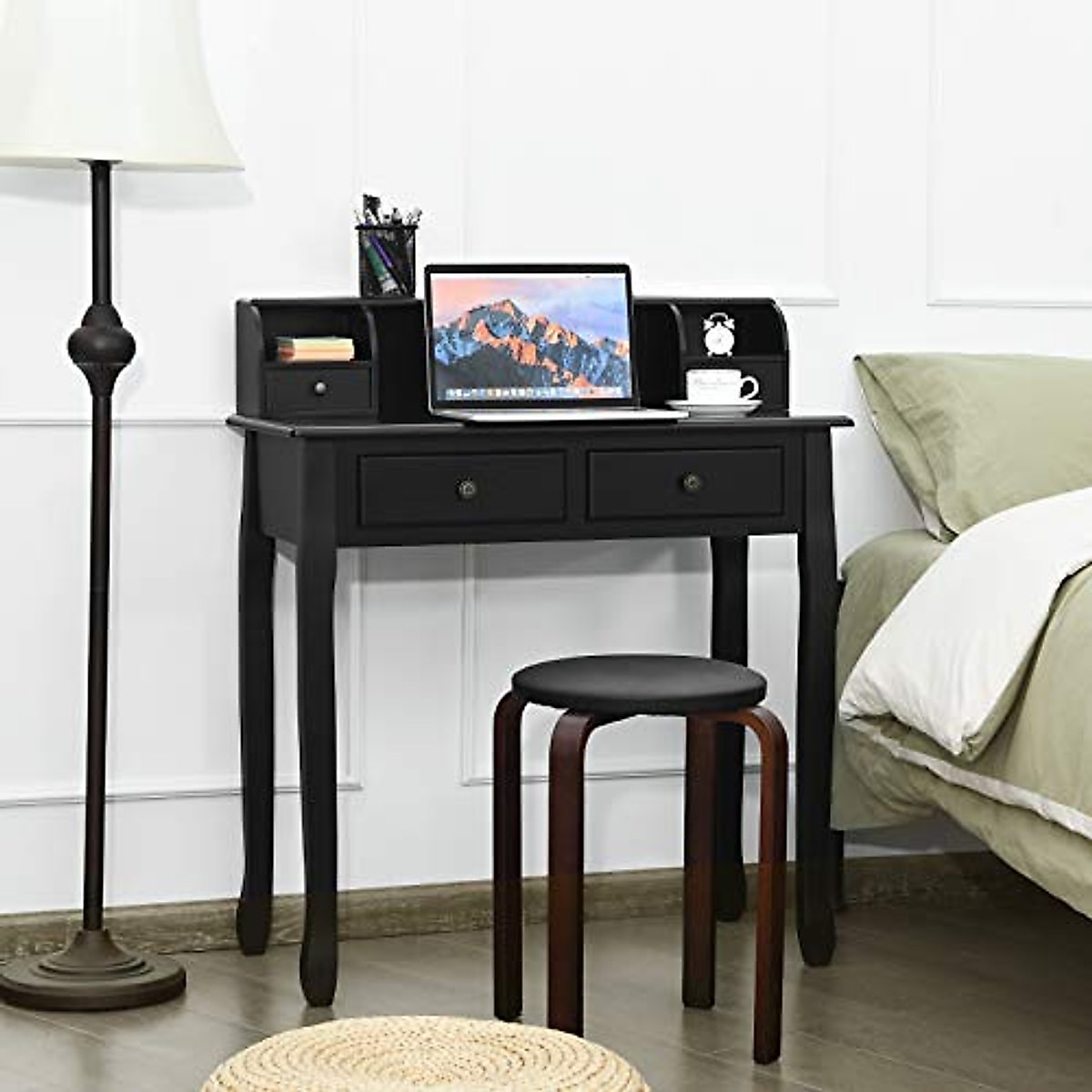 GOFLAME Writing Desk, Large Storage Space with 4 Drawers, Secretary Table Computer Desk Writing Table with Detachable Tabletop Organizer, Suit for Home and Office Use (Black)