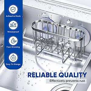 Sponge Holder for Kitchen Sink, 3-in-1 Kitchen Sink Caddy Dish Sponge Holder With Suction Cup, SUS304 Stainless Steel Hanging Sink Organizer Kitchen Accessories for Place Basket Brush, Sliver