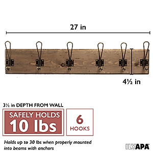Ilyapa Barnwood Coat Rack Wall Mount - Wood Wall Mount Coat Rack with Hooks, 6 Metal Hooks - for Hats, Coats, Kitchen, Bedroom, and More - Barnwood