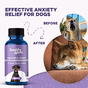 Peaceful Paws Dog Aggression & Noise Phobia Relief - Anxiety Relief for Dogs, Dog Calming Remedy for Biting, Barking, Chasing, Attacking, and Other Dog Behavior Issues - 400 Non-Drowsy, Small Pills