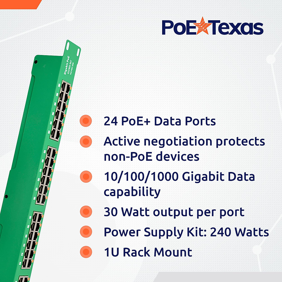 PoE Texas 24 Multi Port IEEE 802.3at PoE+ Injector - Gigabit Data Active Power Over Ethernet for High Powered Devices, 30W PoE Injector for WiFi Access Point & More with 2X 56V 120W Power Supplies