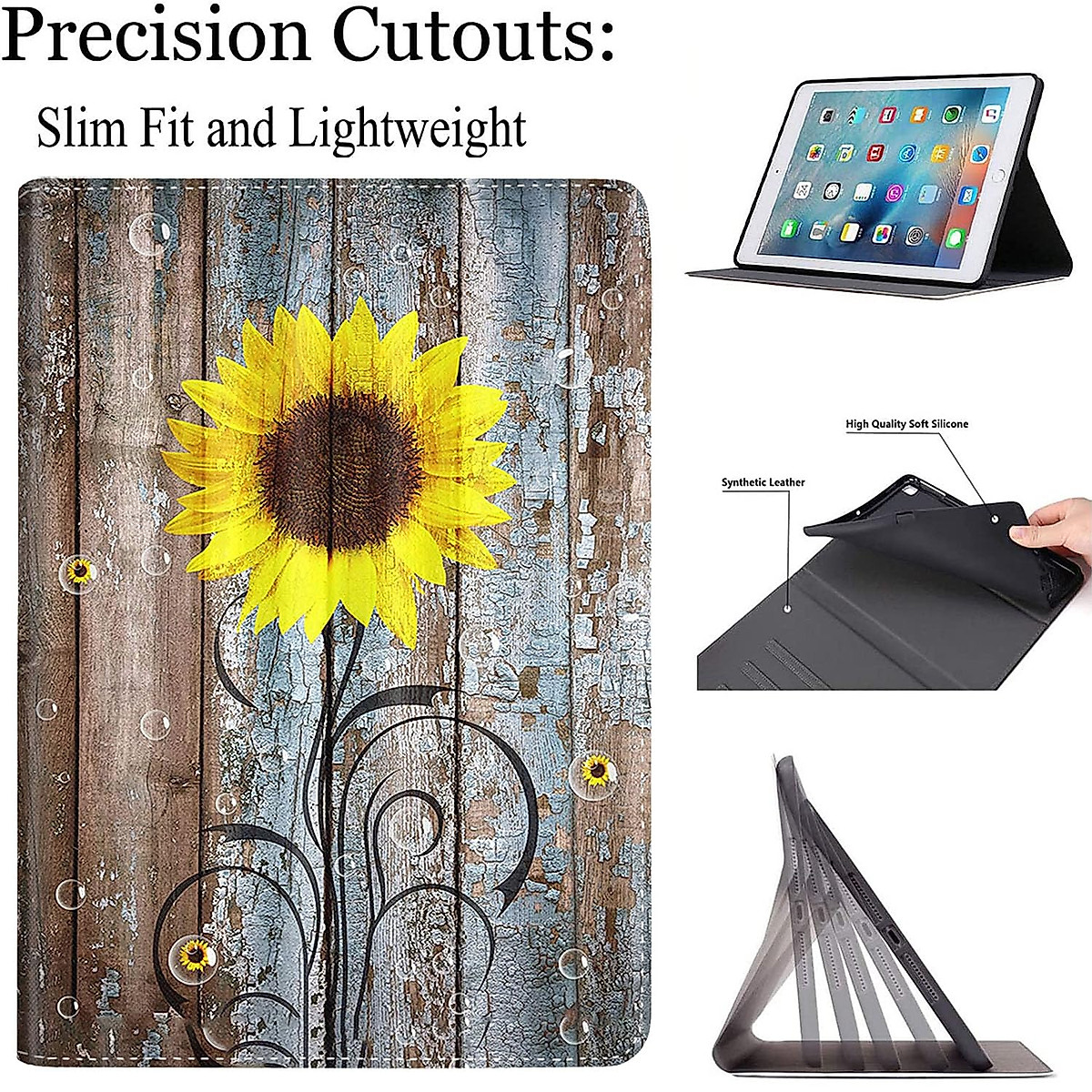Case for iPad 9th / 8th / 7th Generation (2021/2020/2019) 10.2 inch/iPad Air 10.5" 2019 / iPad Pro 10.5", Leather Smart Cover with Auto Wake/Sleep, Rustic Sunflower