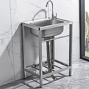 Stainless sink，single bowl kitchen sinks，stainless steel utility sink,Thickened stainless steel single sink with stainless steel bracket and 360° swivel faucet, suitable for garage, kitchen, (Color :