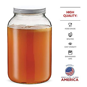 Paksh Novelty 1-Gallon Glass Jar Wide Mouth with Airtight Metal Lid - USDA Approved BPA-Free Dishwasher Safe Large Mason Jar for Fermenting, Kombucha, Kefir, Storing and Canning Uses, Clear (2 Pack)