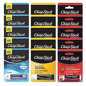 Chapstick Variety Pack Classic Original, SPF 15, & Strawberry Lip Balm Sticks Bulk, 0.15 Oz (15 Count) - Chap Stick Skin Protectant Moisturizer Tubes, Stocking Stuffers - By Dr. Plenty