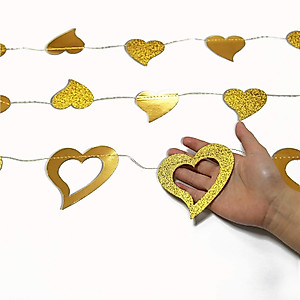 Cheerland 56.4 Ft Glitter Gold Heart Garland Shiny Valentines Day Decoration Mothers Day Banner Backdrop Hanging Decor Engagement Bachelorette Wedding Bridal Shower Streamer Anniversary Party Supplies