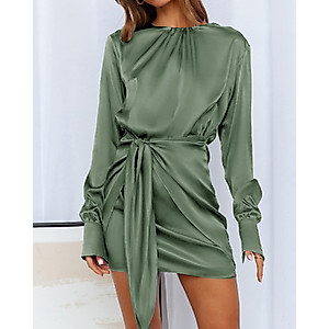 BTFBM Women Casual Long Sleeve Ruched Wrap Dress Crew Neck Tie Waist Short Dress Solid Color Mini Dress Satin Cocktail Dress(Solid Army Green,Large)