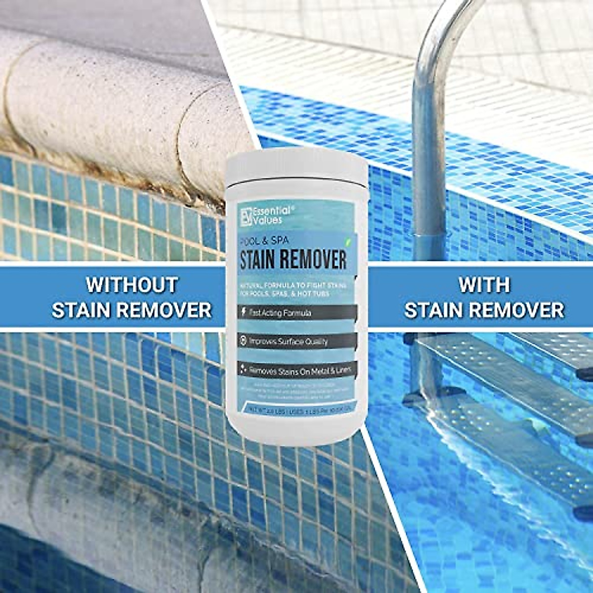 Essential Values Swimming Pool & Spa Stain Remover (2 LBS) - Compatible with Vinyl Liners, Fiberglass & Metals - Effective Formula Removes Rust & Tough Stains