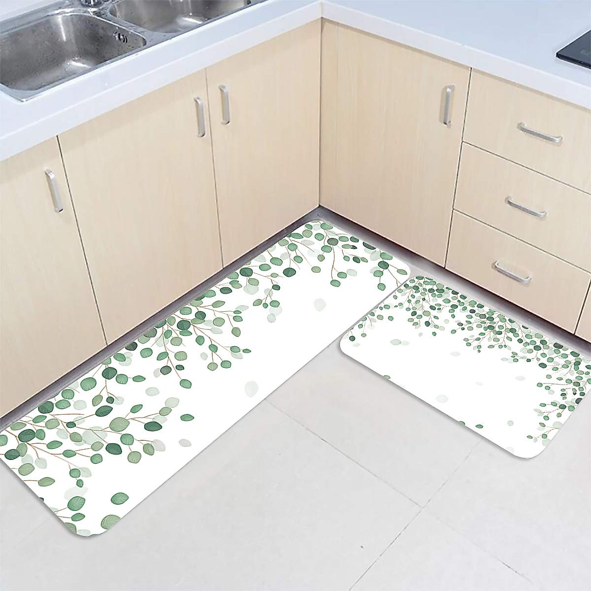 Kitchen Mat Set of 2 Anti-Fatigue Kitchen Rug, Watercolor Green Eucalyptus Nature Non-Slip Kitchen Mats and Rugs, Kitchen Doormat Runner Rug for Floor Home Office Sink Laundry, Spring Plant Green Leaf