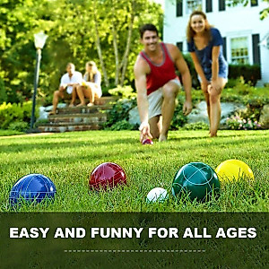 VSSAL Bocce Balls Sets 90mm for Family Backyard Bocci Games Beach Lawn Yard Kids, Set of 8 Polyresin Bochie Ball, 1 Pallino, Carrying Bag, Measuring Rope (Green/Yellow/Red/Blue, 2-8 Players)