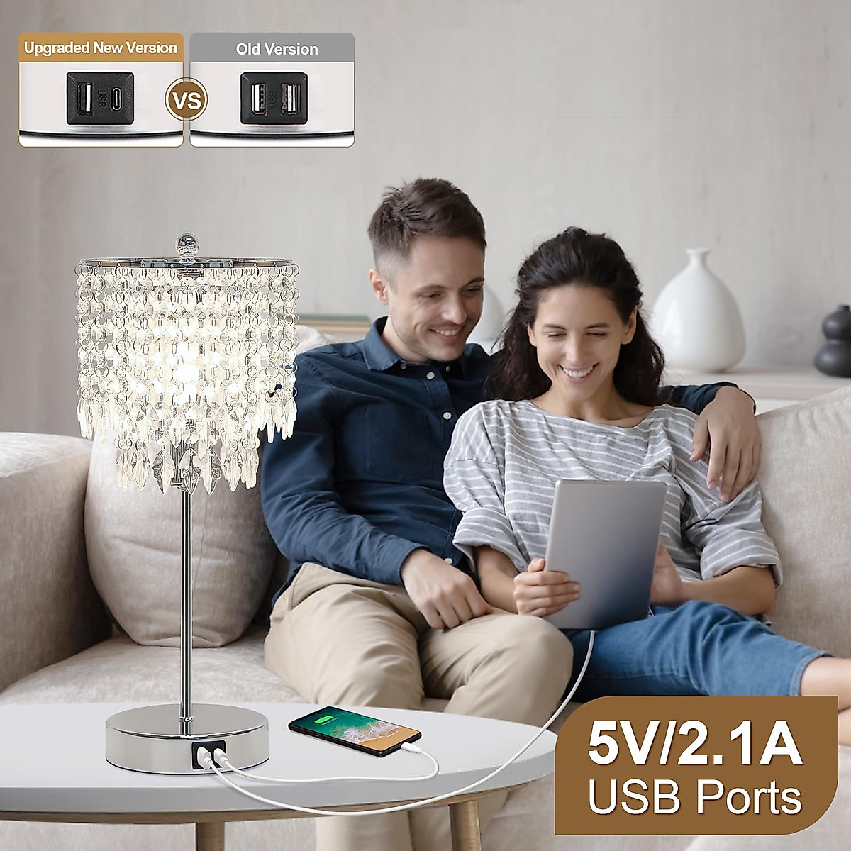 Boncoo Crystal Table Lamp Set of 2 Touch Control, Crystal Lamps with USB Ports Elegant Shade Bedside Lamp Silver, Dimmable Touch Table Lamp for Nightstand Bedroom Living Room, 4W LED Bulb Included