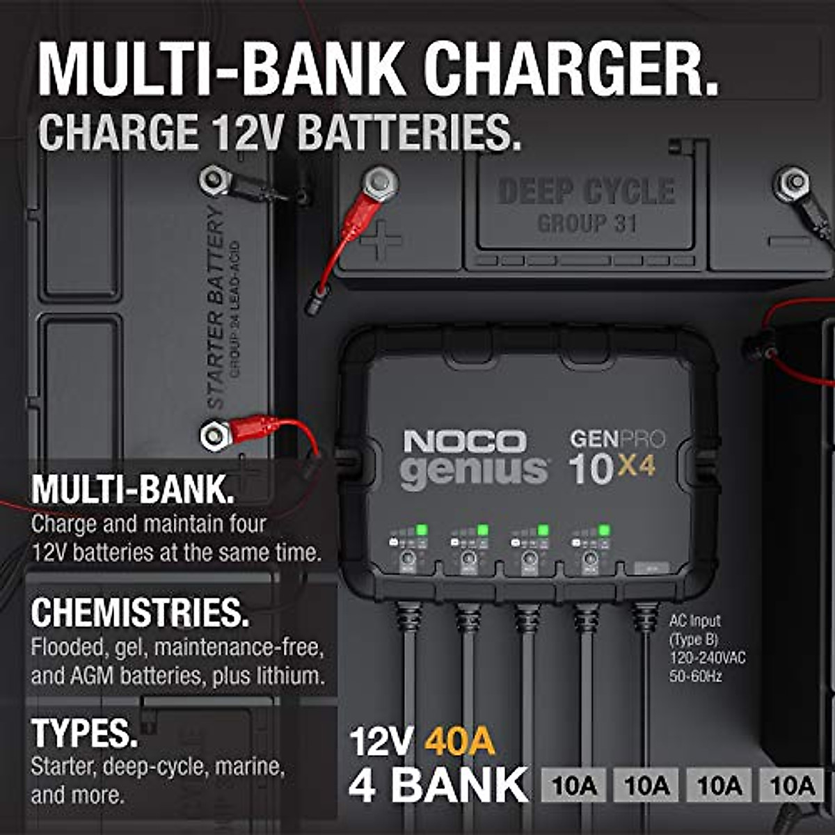 NOCO Genius GENPRO10X4, 4-Bank, 40A (10A/Bank) Smart Marine Battery Charger, 12V Waterproof Onboard Boat Charger, Battery Maintainer and Desulfator for AGM, Lithium (LiFePO4) and Deep-Cycle Batteries