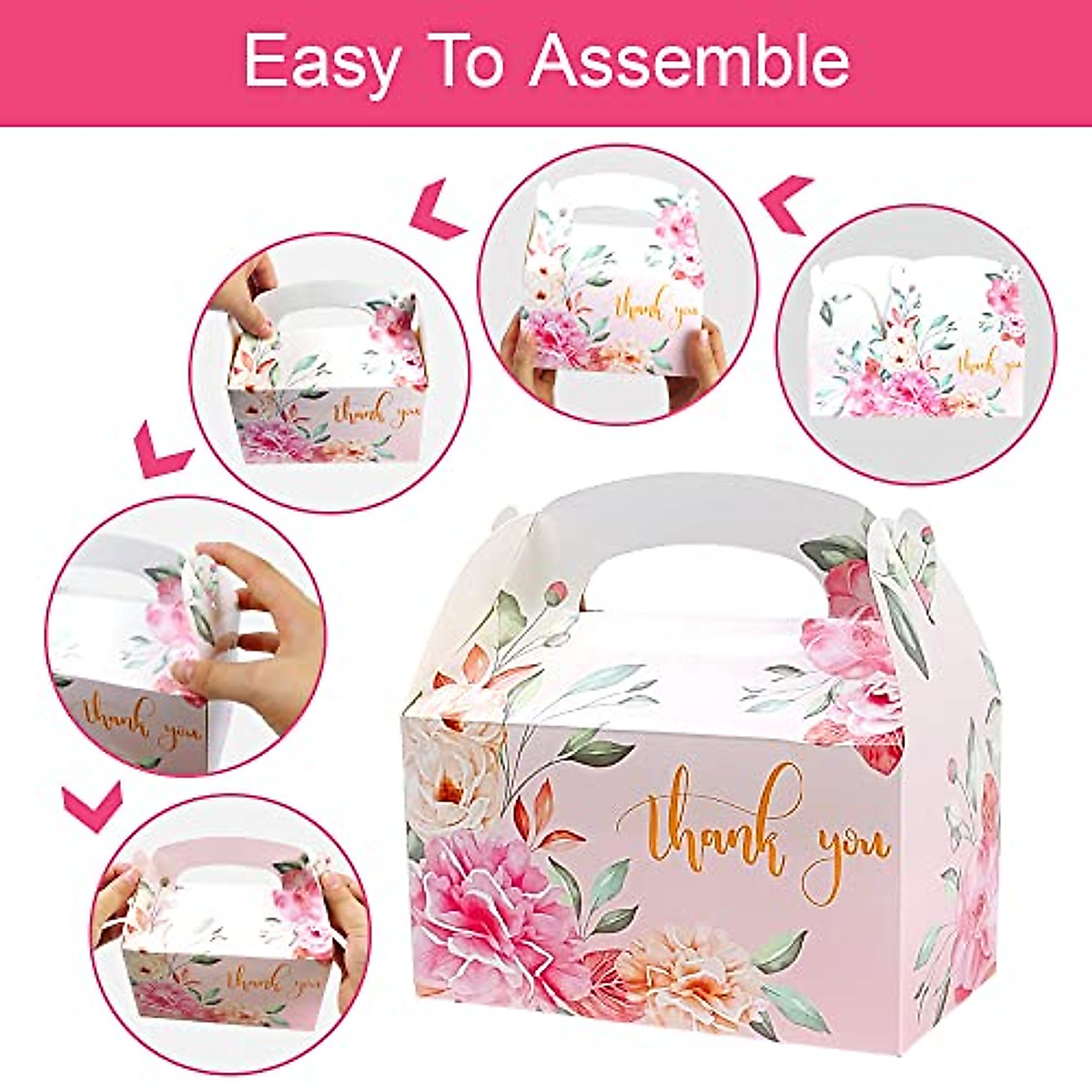 24 Pcs Floral Thank You Treat Boxes for Wedding, Thank You Treat Boxes with Handles Floral Treat Boxes Party Favors Premium Cardboard Box for Gift, Perfect for Wedding, Baby Shower, and Party