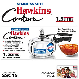 HAWKINS Contura Stainless Steel Pressure Cooker For Induction, Gas And Electric Stoves (1.5 Liter), silver (SSC15)