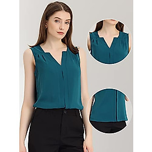 Allegra K Sleeveless Work Top for Women's Elegant Pleated Chiffon V Neck Blouse Shirt Large Peacock Blue