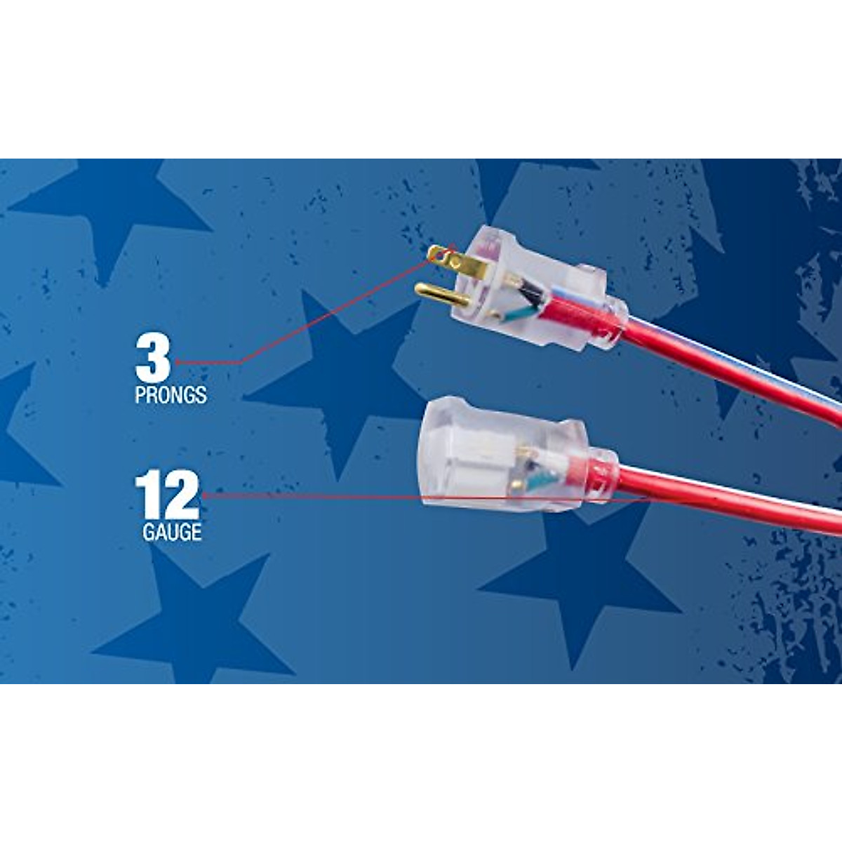 Southwire 2549SWUSA1 100-Feet; Contractor Grade; 12/3 Extension Cord; With Lighted End; Red White And Blue; American Made Extension Cord; Indoor and Outdoor Use; Water Resistant Flexible Jacket