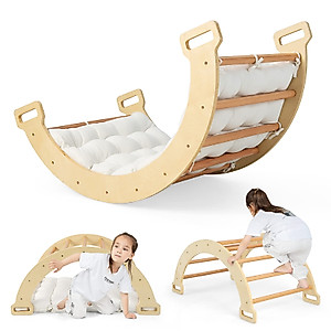 Costzon Wooden Arch Rocker with Cushion, 3-in-1 Montessori Climbing Toys for Toddlers, Children Indoor Outdoor Playground Climbing Gym Learning Playset, Arch Climber Ladder for Kids Gift Presents