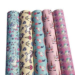 Faux Leather Fabric Sheets Rainbow Unicorn Glitter Shiny Synthetic Leather for DIY Earrings Hair Bows Crafts 5 Pieces (Unicorn)