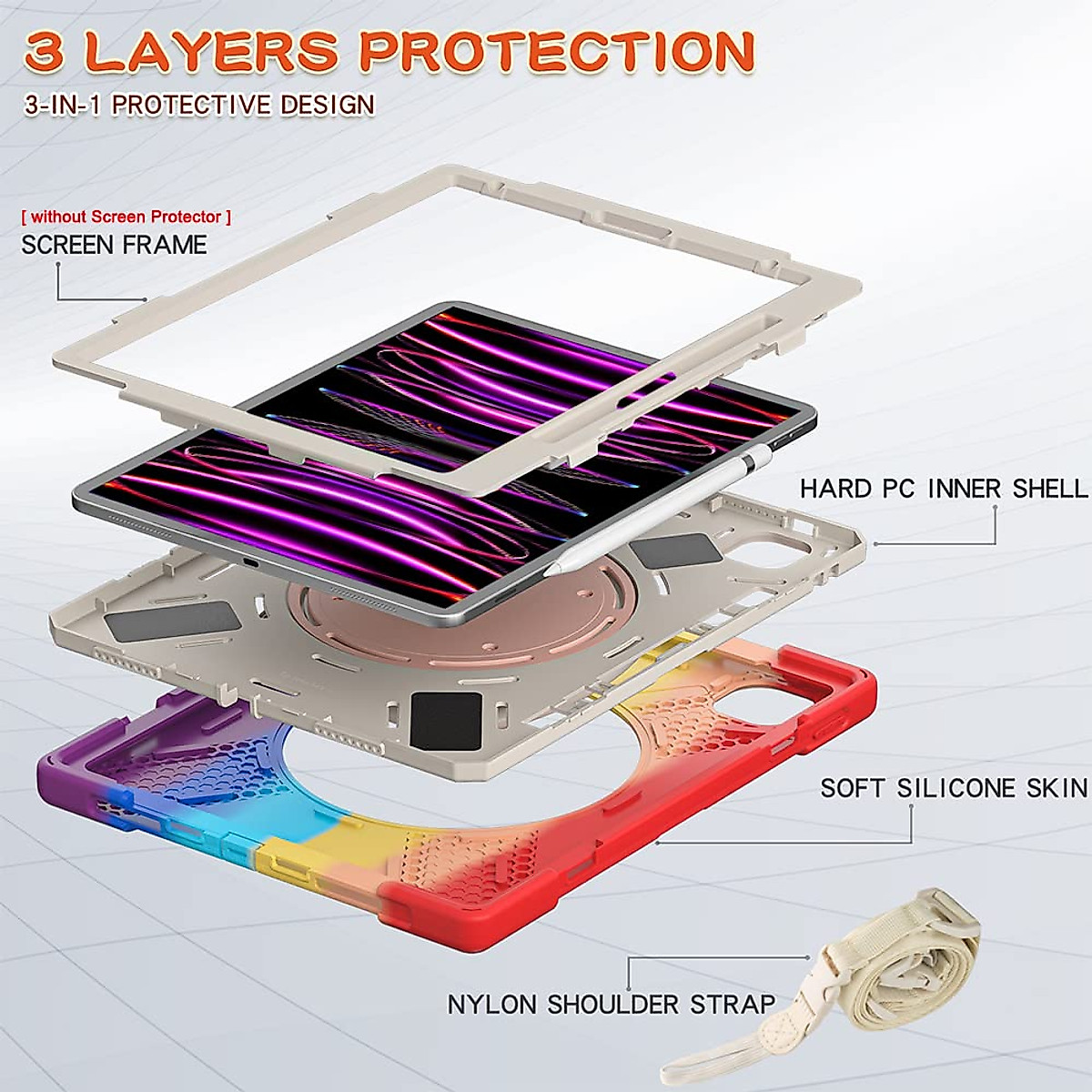 Kids Case for iPad Pro 12.9 Inch 6th/5th/4th/3rd Generation 2022 2021 2020 2018, SCSVPN Shockproof Silicone Protection Cover with Pencil Holder- Rotating Stand/Handle- Shoulder Strap, Colorful Red