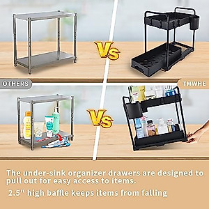 2 Pack Under Kitchen Sink Organizers Storage, 2-Tier Sliding Under Bathroom Cabinet Storage Drawer Organizer with Hooks, Hanging Cup, Handles, multi-purpose Under Sink Shelf Organizer, Black