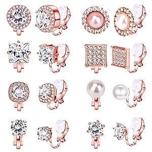 Crazypiercing 8 Pairs Clip on Earring Rose Gold Non-Pierced Earring Crystal CZ Pearl Clip on Stud Earring Non Pierced Earrings Set for Women