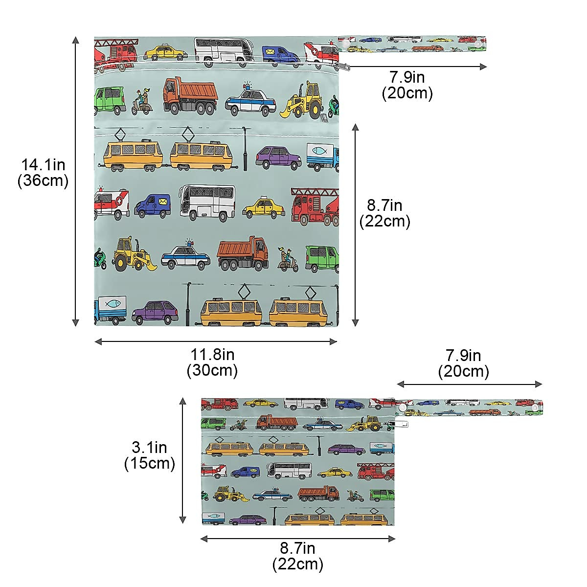 2pcs Bus Truck Car Cloth Diaper Wet Dry Bag Waterproof Reusable Wet Dry Organizer,Transportation Washable Wet Bag with Two Zippered Pockets for Travel Beach Gym Swimsuits Toiletries