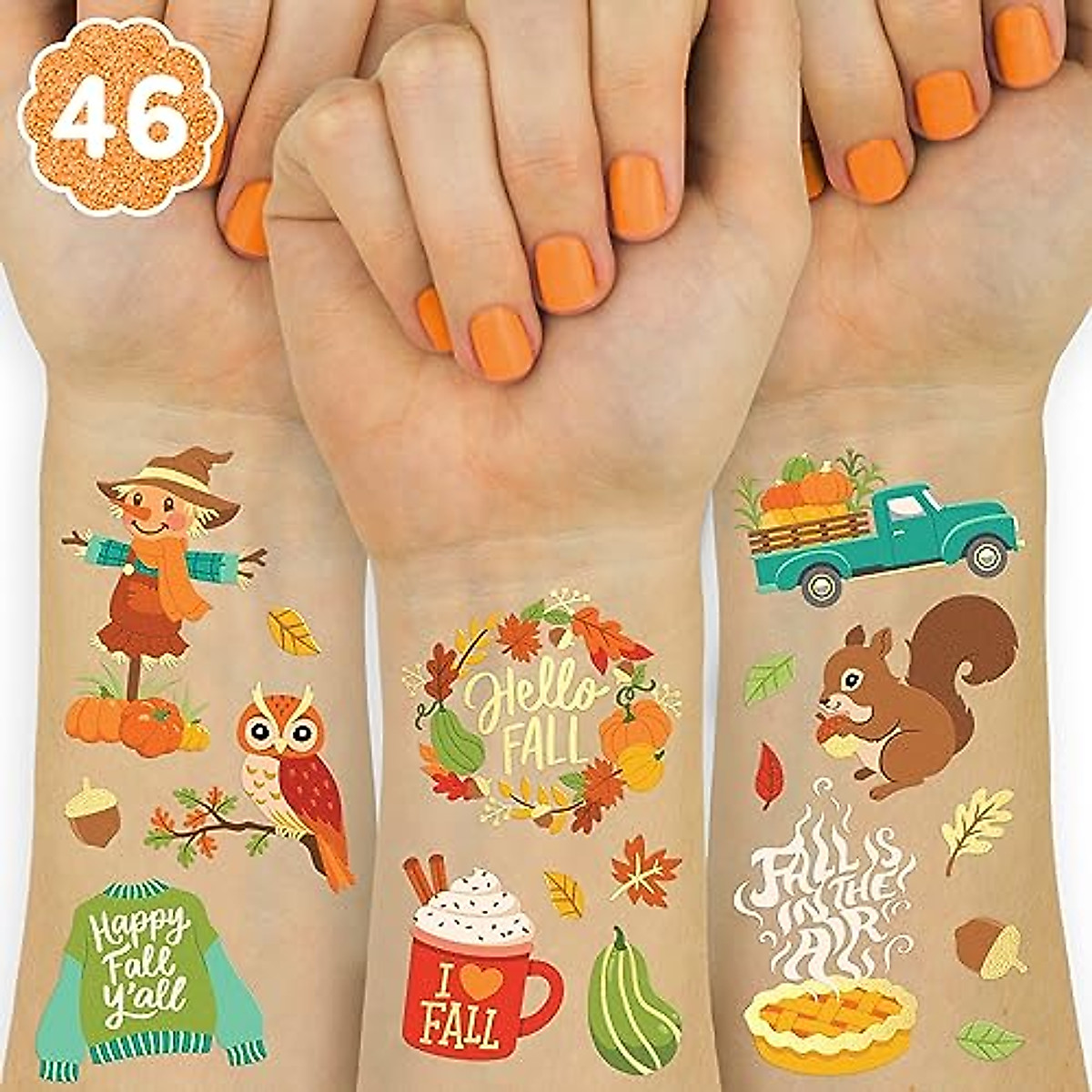 xo, Fetti Fall Temporary Tattoos for Kids - 32 Glitter styles | Birthday Party Supplies, Autumn + Pumpkin