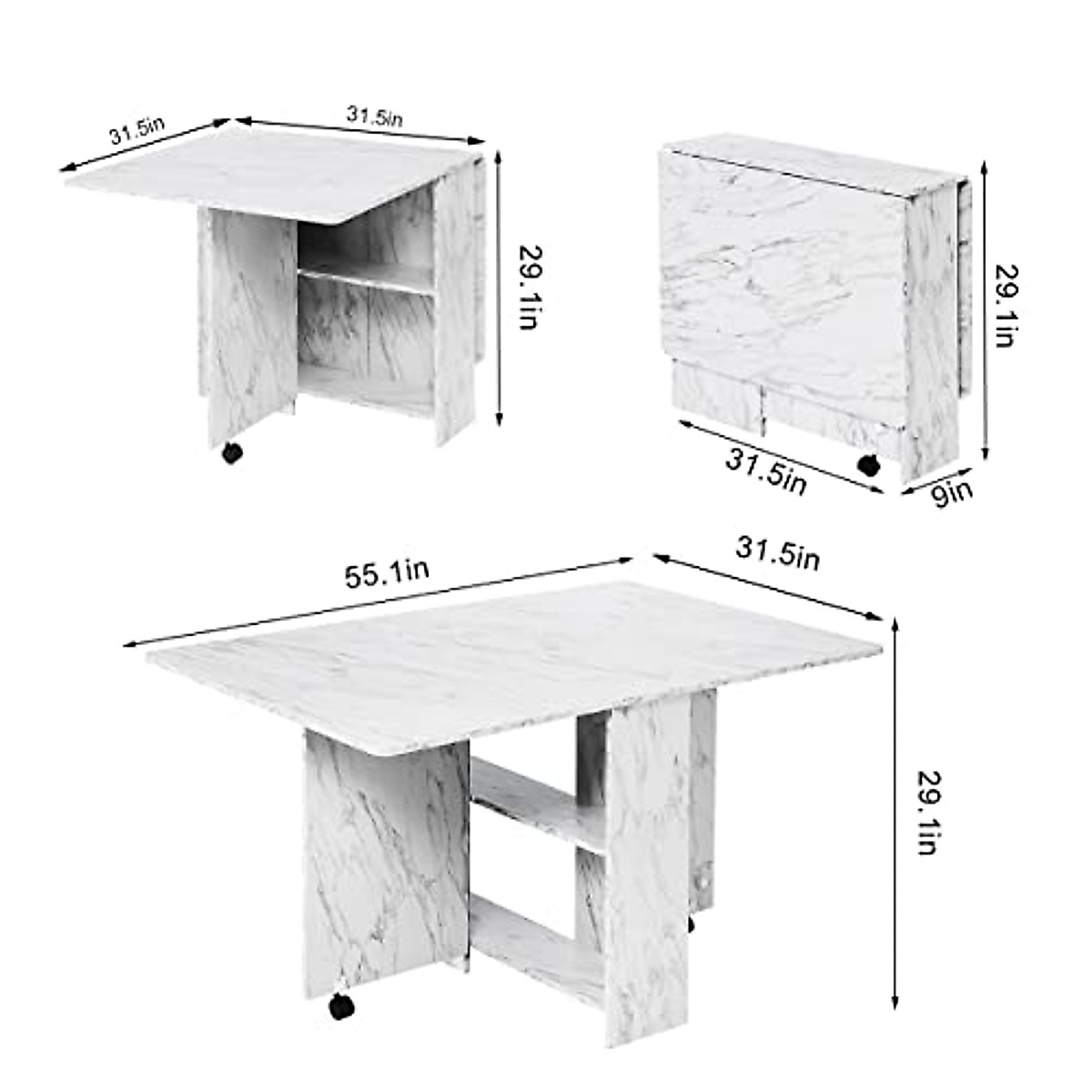 DINAZA Folding Dining Table Drop Leaf Table for Small Spaces with Storage Racks Multifunction Space Saving Table Extension Dinner Table for Kitchen Bedroom Dining Room White Marble