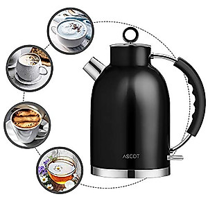 ASCOT Stainless Steel Electric Tea Kettle, 1.7QT, 1500W, BPA-Free, Cordless, Automatic Shutoff, Fast Boiling Water Heater - Black