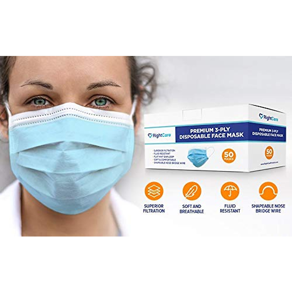 RightCare 3-ply Face Masks for General Use Protection, Light Blue, Box of 50 Disposable Masks, 1 Count