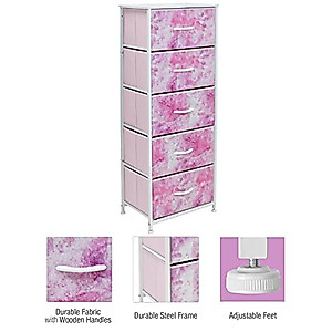 Sorbus Fabric Dresser for Kids Bedroom - Chest of 5 Drawers, Tall Storage Tower, Clothing Organizer, for Closet, for Playroom, for Nursery, Steel Frame, Fabric Bins - Wood Handle (Tie-dye Pink)