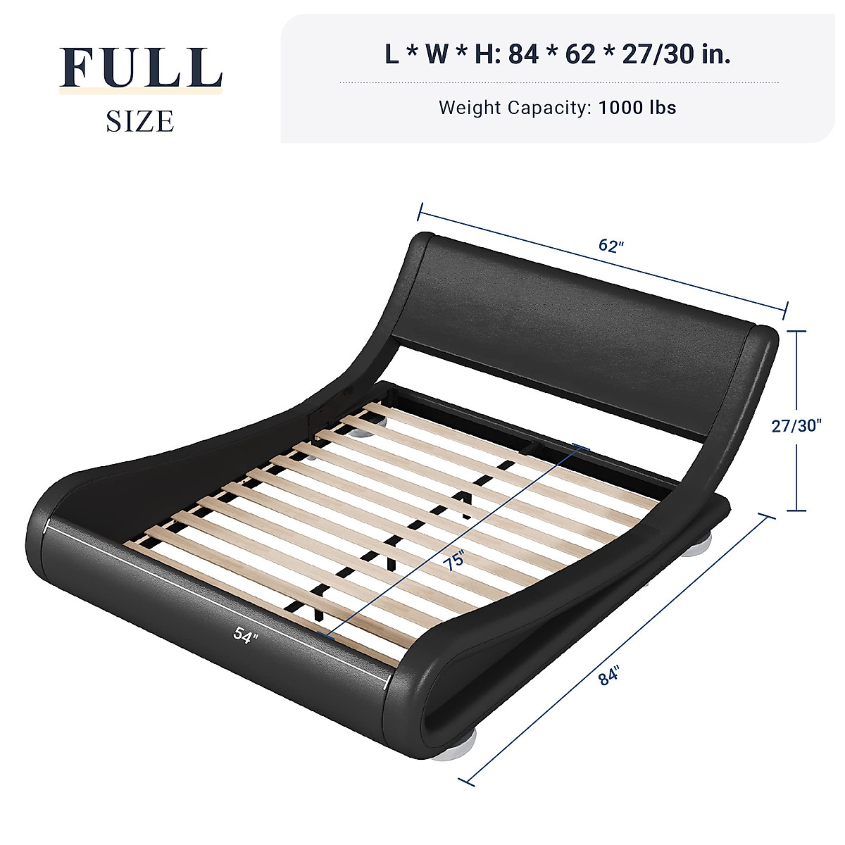 Allewie Full Size Upholstered Platform Bed Frame with Adjustable & Ergonomic Headboard, Low Profile Sleigh Design for Modern Bedroom - Easy Assembly, No Box Spring Needed, Black