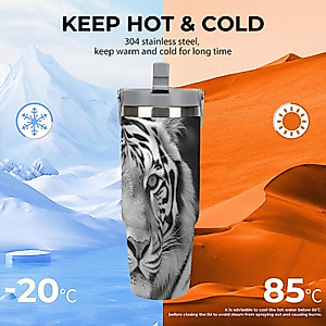 ZJCDPBR 30 Oz Tumbler with Foldable Handle And Flip Straw,Black White Tiger Vacuum Insulated Travel Coffee Tumblers,Stainless Steel Leak-Proof Water Bottle,Fits in Cup Holder,Keep Cold 24H & Hot 12H