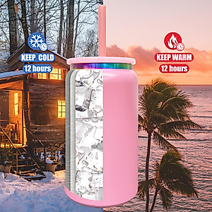 Glass Cups with Lids and Straws, 16 oz Stainless Steel Cups, Insulated Skinny Tumbler, Powder Coated Travel Mugs for Laser Engrave, Iced Coffee Cup for Smoothie Water DIY Gift (Pink,1 pack)