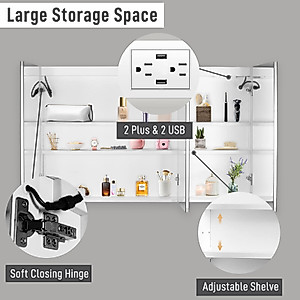 Karl home 48x28 Inch 3-Doors Bathroom Medicine Cabinet with LED Mirror, 3-Color Wall Mounted Dimmable Bathroom Cabinet with 3-Tier Storage Shelves, Anti-Fog, USB Charge, White