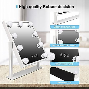 Hazifes Hollywood Vanity Mirror with Lights 9 LED,Tabletop Makeup Mirror with Smart Touch Control 3 Colors Dimable LED Bulbs Detachable 10X Magnification 360°Rotation White