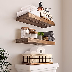 BAOBAB WORKSHOP Wood Floating Shelves 16 inch - Bathroom Shelves for Room Wall Mount - Wide Wooden Wall Shelves for Bedroom Kitchen Living Room - Walnut - 16D x 6.7W Inch, Set of 2