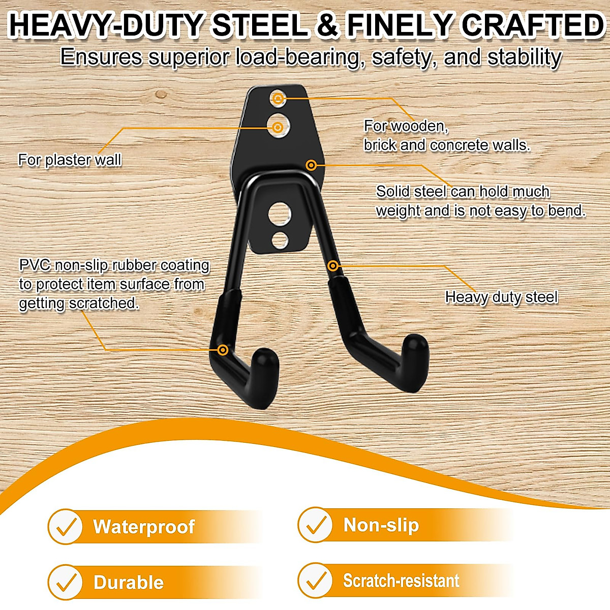 REMIAWY Garage Hooks Heavy Duty, Steel Utility Garage Storage Hook 6 Pack, Wall Mount Double Tool Hangers with Anti-Slip Coating for Hanging and Organizing Ladder Bike, Garden Tools, Bulk Items