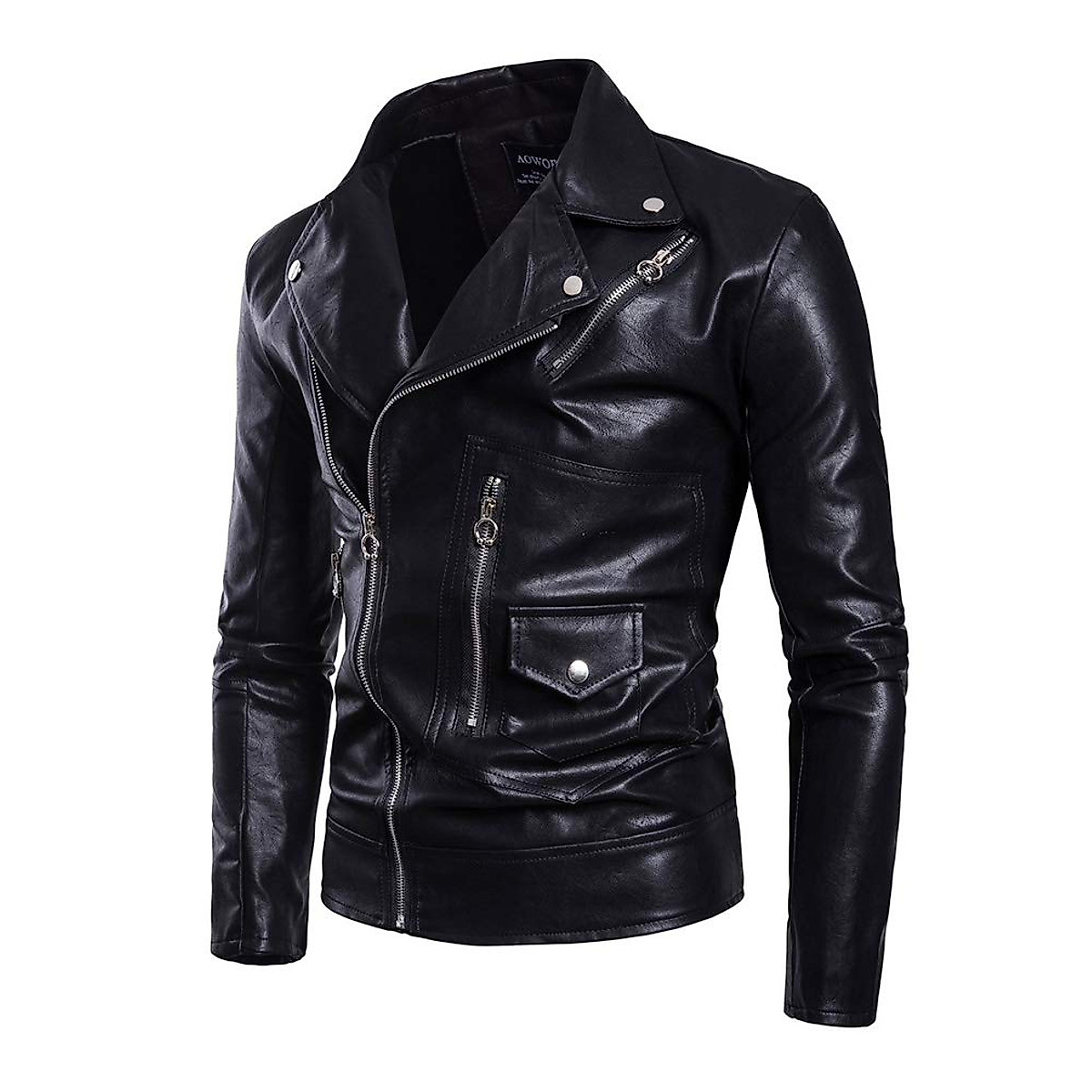 Lavnis Men's PU Leather Jacket Causal Belted Faux Leather Motorcycle Jacket Zipper Biker Coat Style 2 Black 2XL