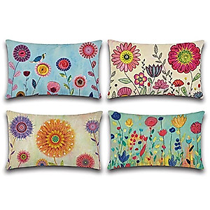 Artscope Set of 4 Decorative Throw Pillow Covers 12x20 Inches, Flowers Pattern Waterproof Cushion Covers, Perfect to Outdoor Patio Garden Living Room Sofa Farmhouse Decor