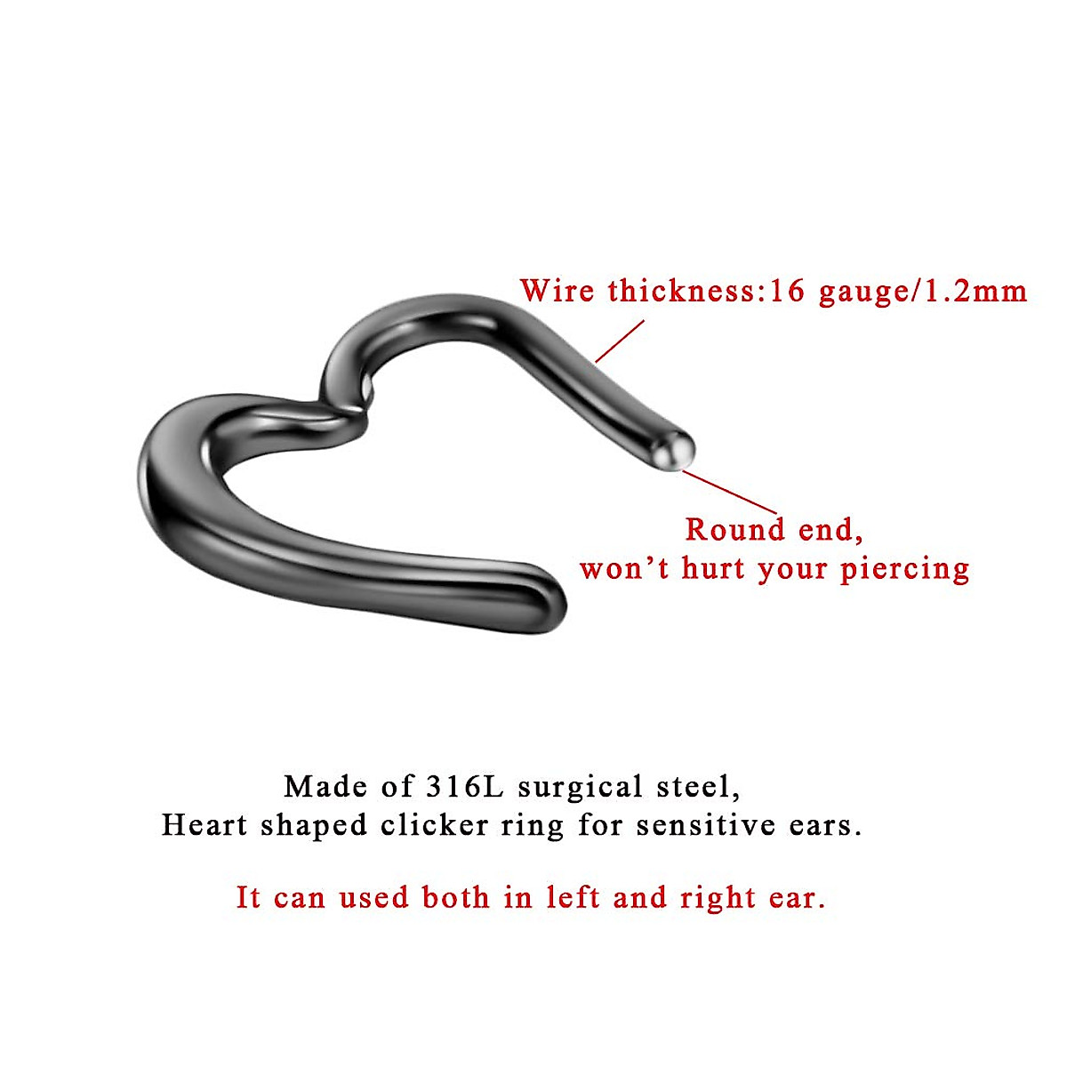 FANSING 16 Gauge Black Daith Earrings Left Ear Right Ear 8mm Daith Piercing Jewelry Surgical Steel 16g Heart Shaped Hinged Ring Hoop 316L Stainless Steel