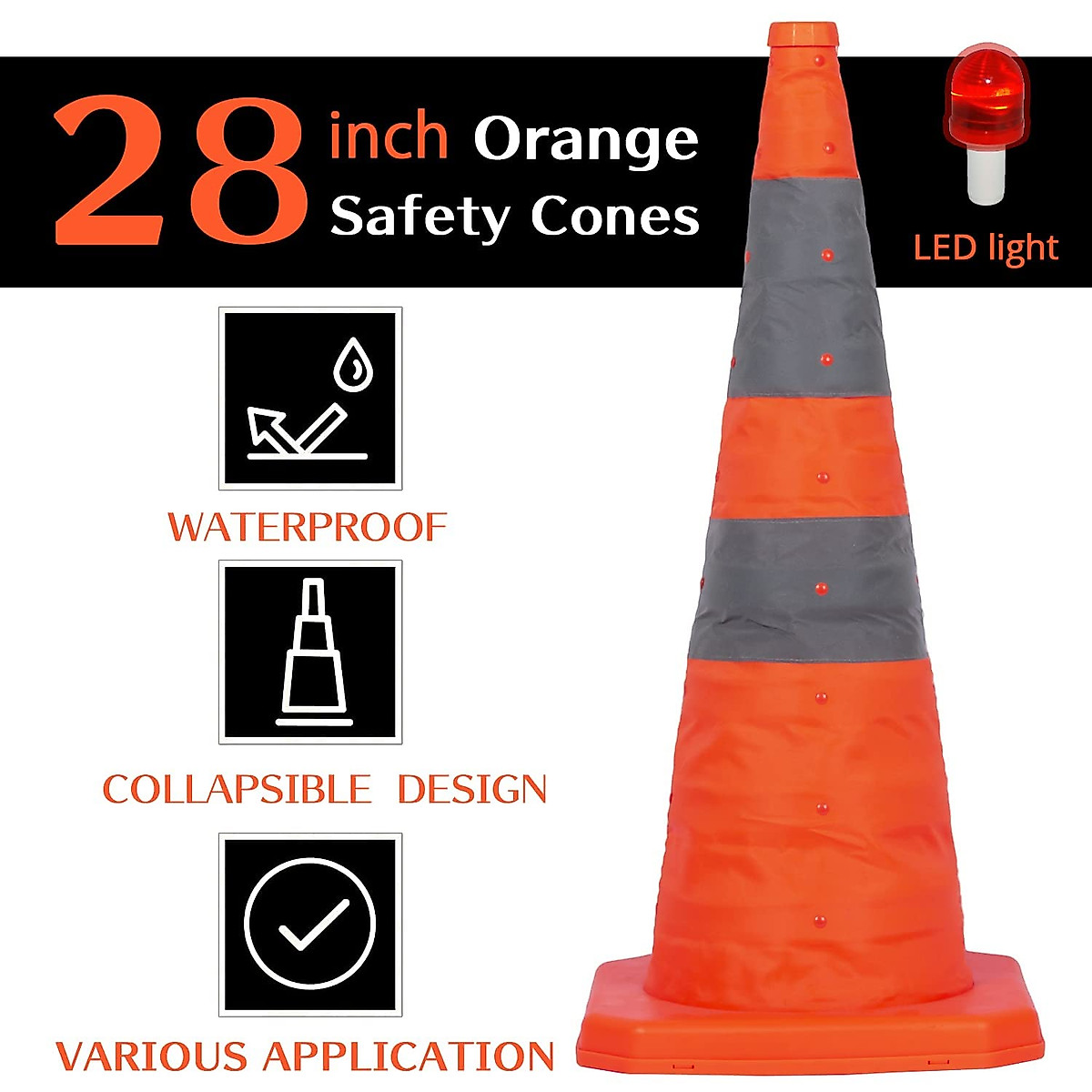 4 Pack 28 inch Collapsible Traffic Cones with LED Light, Safety Cones with Reflective Collars, Multi Purpose Pop Up Extendable Road Safety Cone by GUARDLEAD