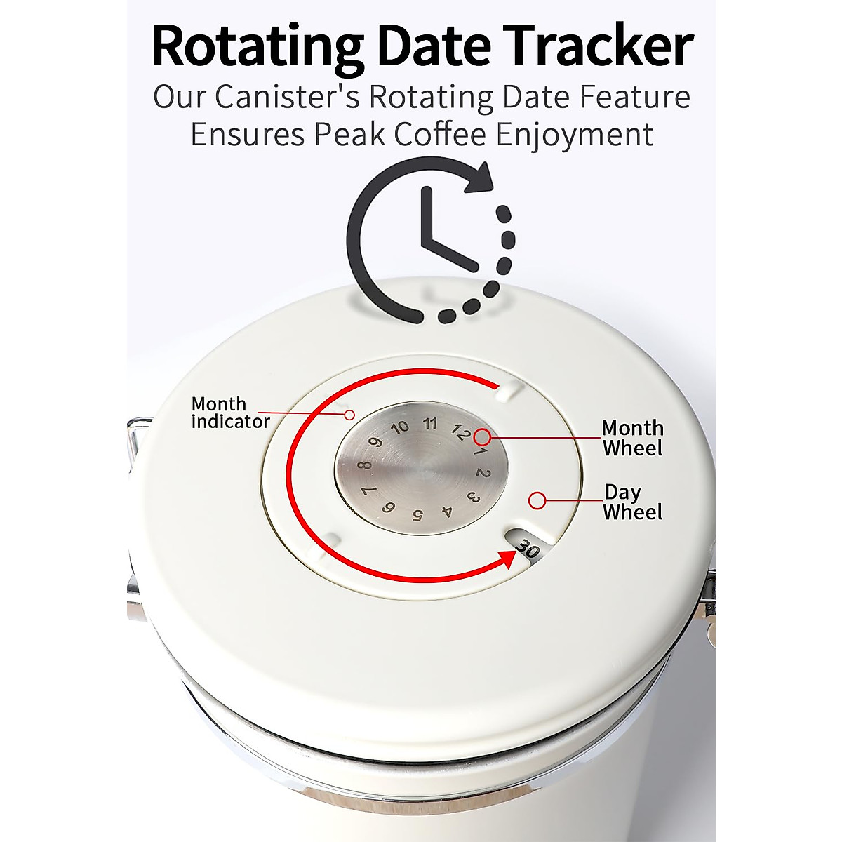 INFTYLE Coffee Canister with Airtight Lid, 22oz, 60 fl oz White, Stainless Steel Air Tight Lid Container with Date Tracker and Scoop Food Storage Jar for Grounds Coffee, Beans, Flour, Cereal (White)