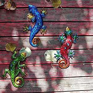 Tuokiuhn Metal Lizards Outdoor Decor Metal Gecko Wall Decoration Geico Lizard 13.5 * 8.5 Inch 3 Pack Set Suitable for Hanging in Yard Or Fence