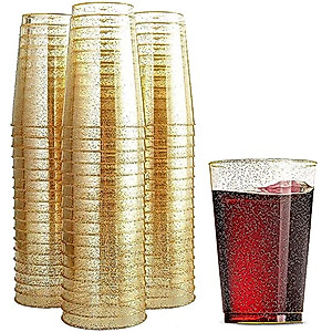 Munfix 100 Glitter 12 Oz Clear Plastic Cups Tumblers Gold Glitter Disposable Wedding Elegant Party Cups Recyclable and BPA-Free