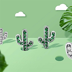 BISAER Cactus 925 Sterling Silver Stud Earrings with Green Cubic Zirconia, Green Plants Post Stud Earring Hypoallergenic Jewelry for Women