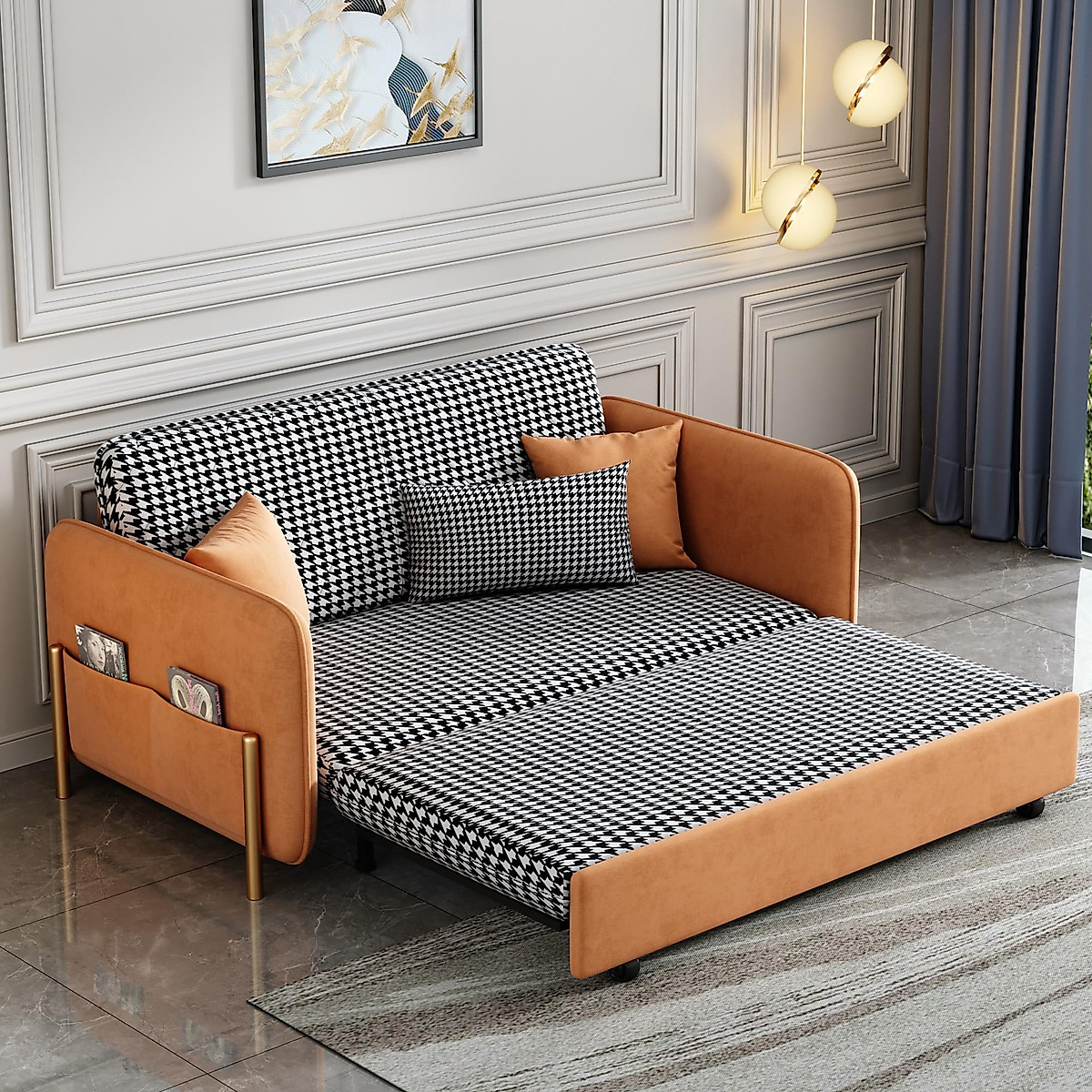 53.5" Full Sleeper Sofa Orange Upholstered Convertible Sofa Bed 3 in 1 Sleeper Sofa Couch Bed, Small Tufted Velvet Convertible Loveseat Futon Sofa w/Pullout Bed, Multi-Pockets for Living Room